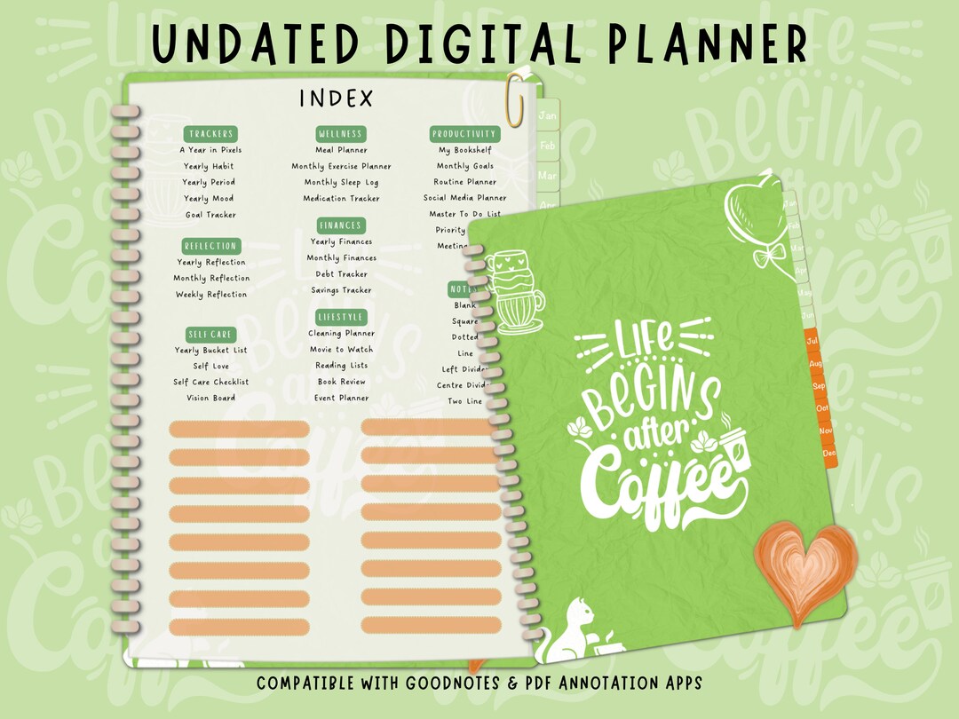 Undated Green Matcha Kawaii Digital Planner Compatible With Goodnotes ...