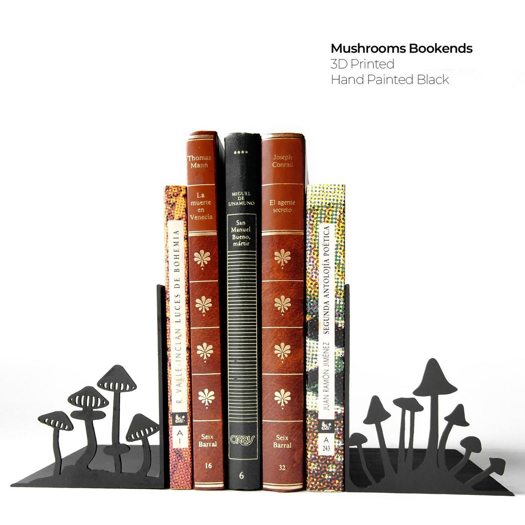 Mushroom Bookends – 3D Printed Fungi Decor, Hand-painted Shelf ...