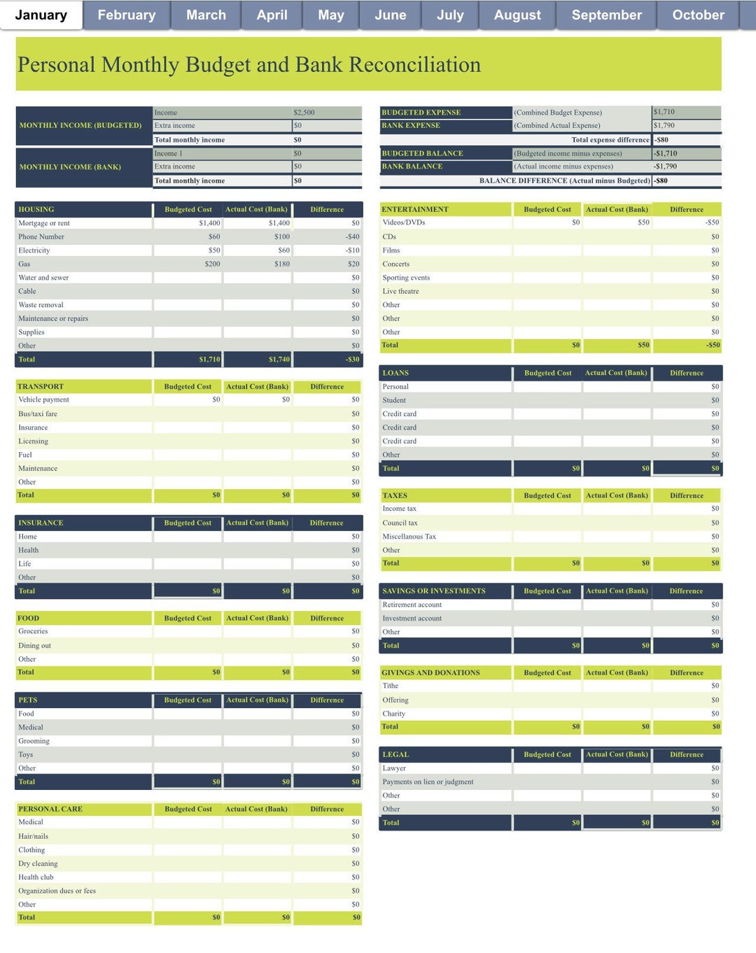 Personal Budget Template and Bank Reconciliation - Etsy