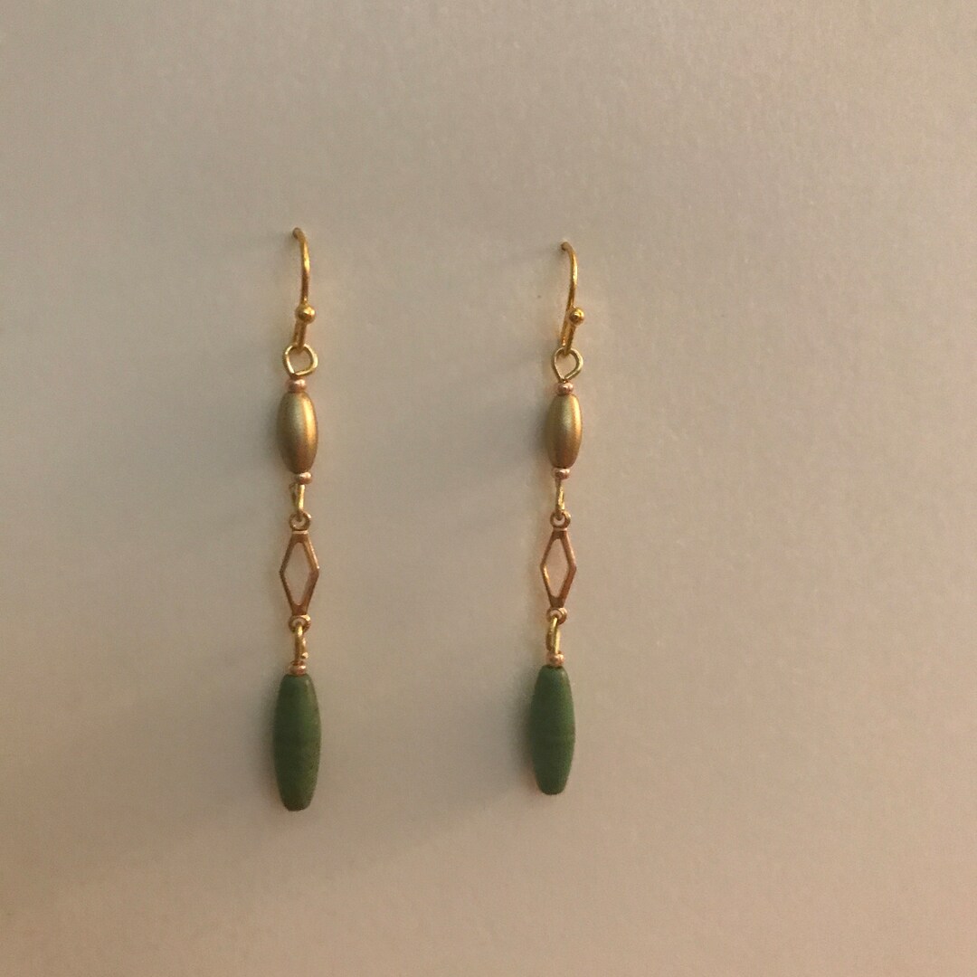 Handmade Turquoise Green Magnesite Earrings, Matte Gold Barrel Bead ...