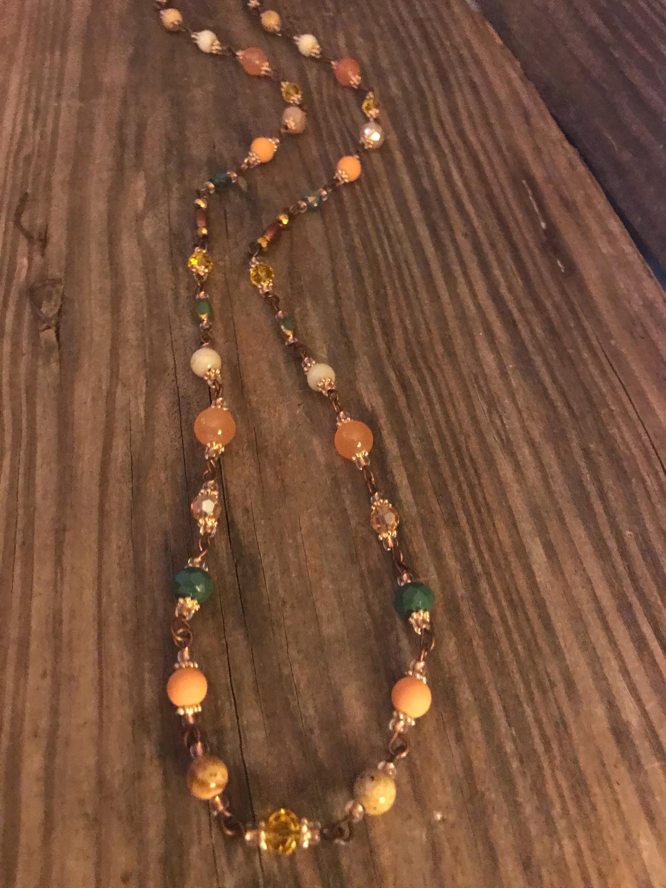 Long Handmade Beaded Chain Necklace, Green, Cream, Orange Colors ...