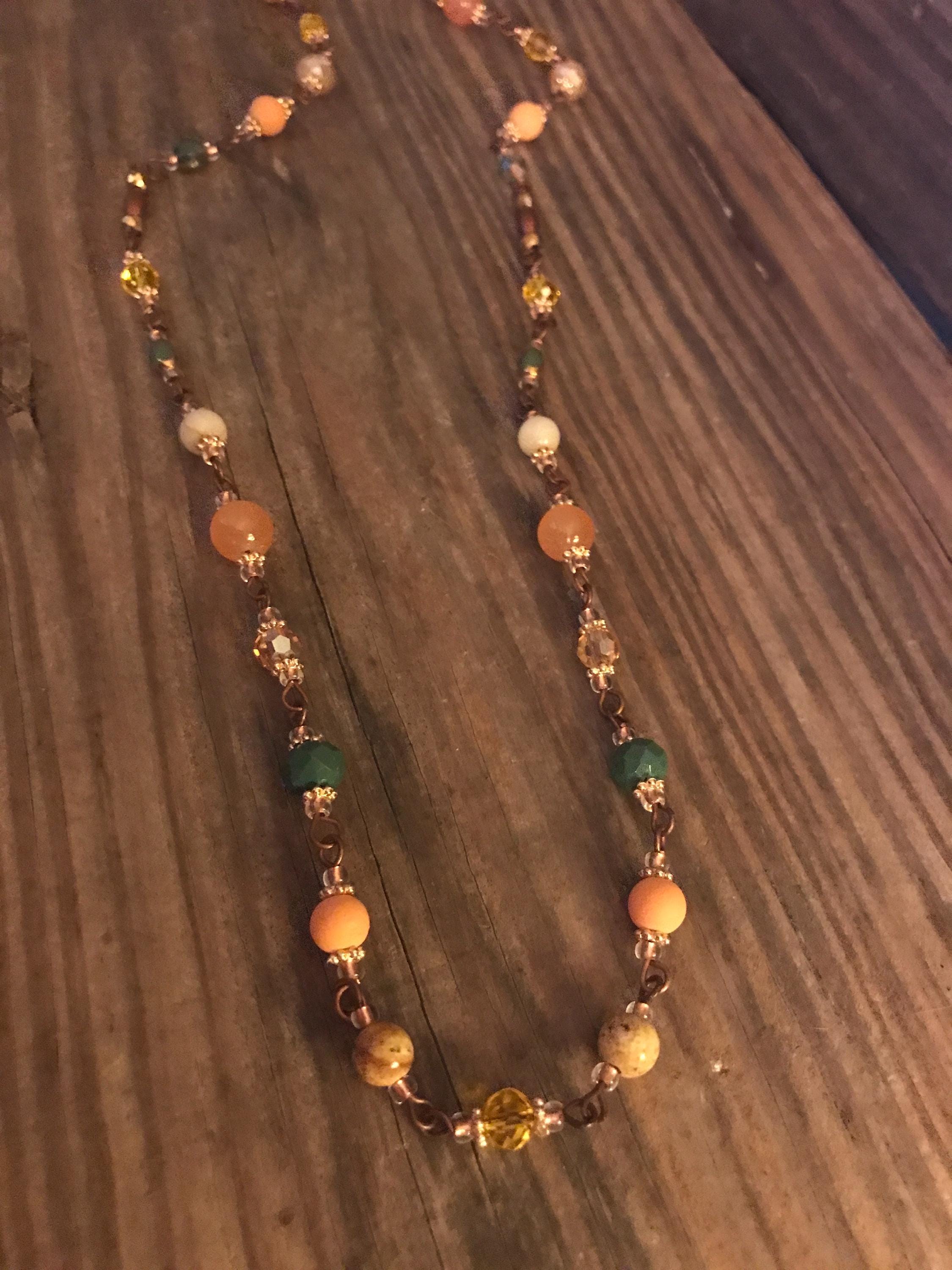 Long Handmade Beaded Chain Necklace, Green, Cream, Orange Colors ...