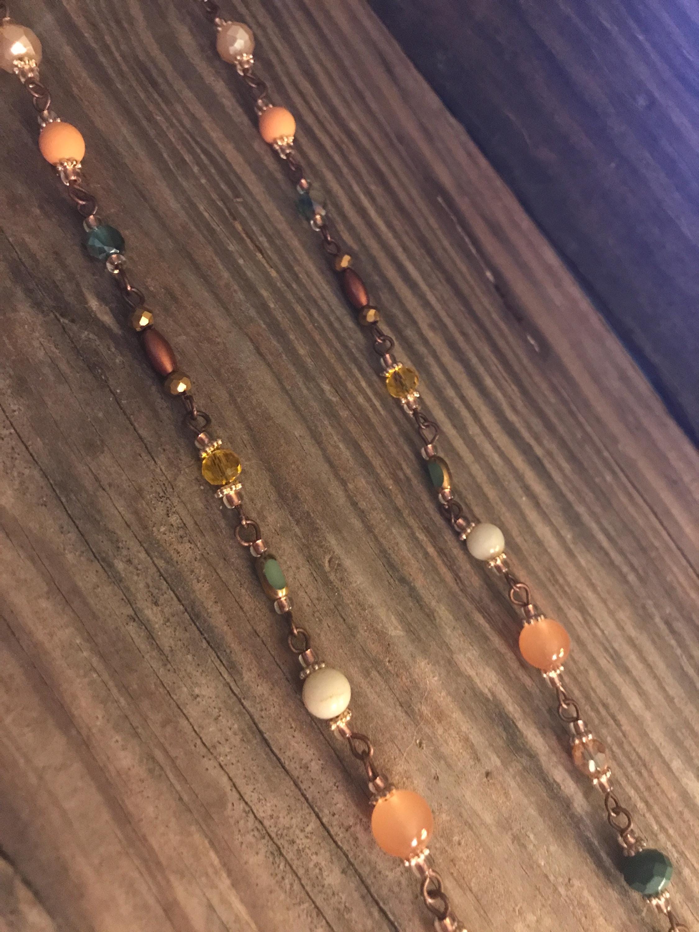 Long Handmade Beaded Chain Necklace, Green, Cream, Orange Colors ...