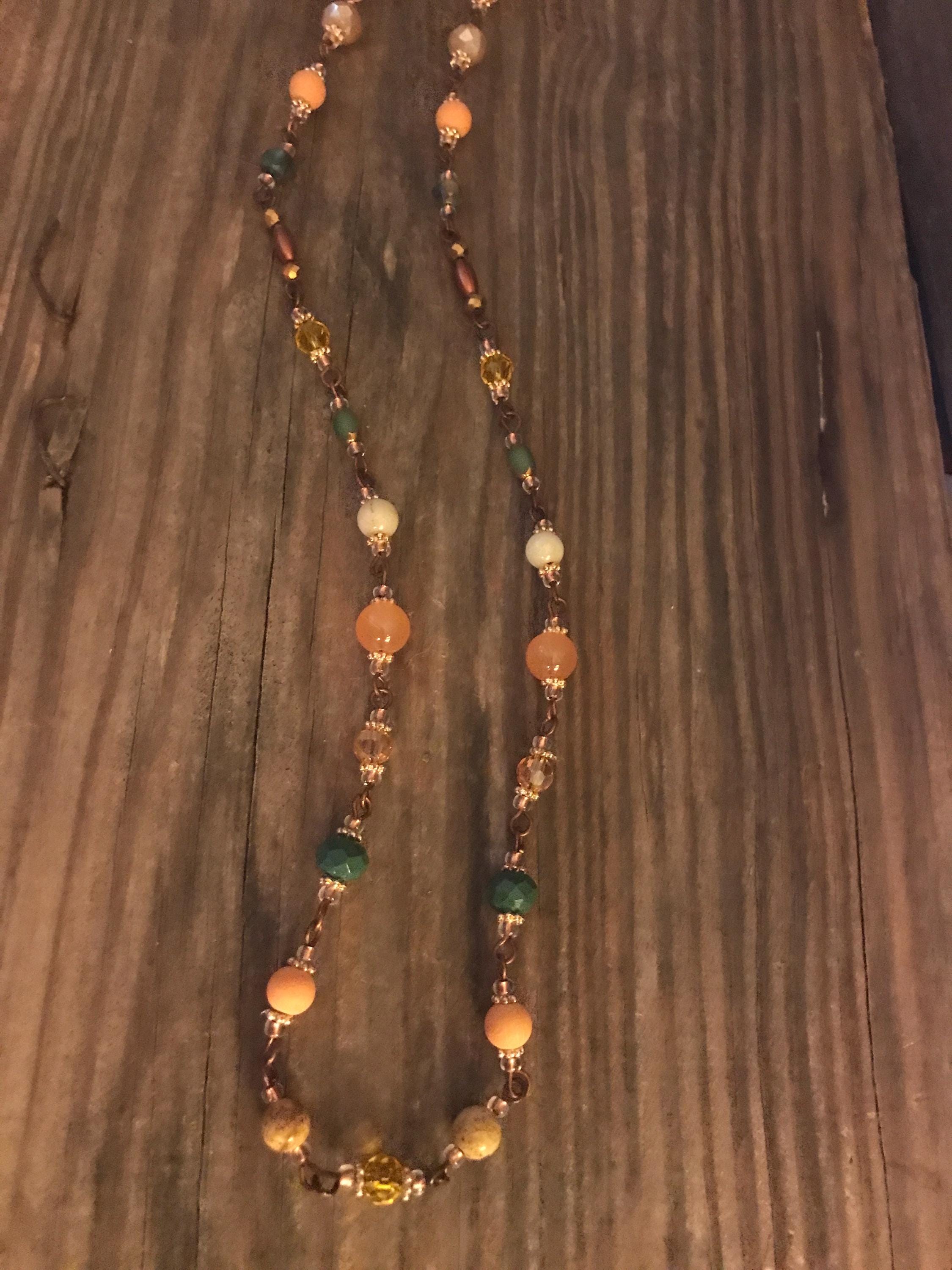 Long Handmade Beaded Chain Necklace, Green, Cream, Orange Colors ...