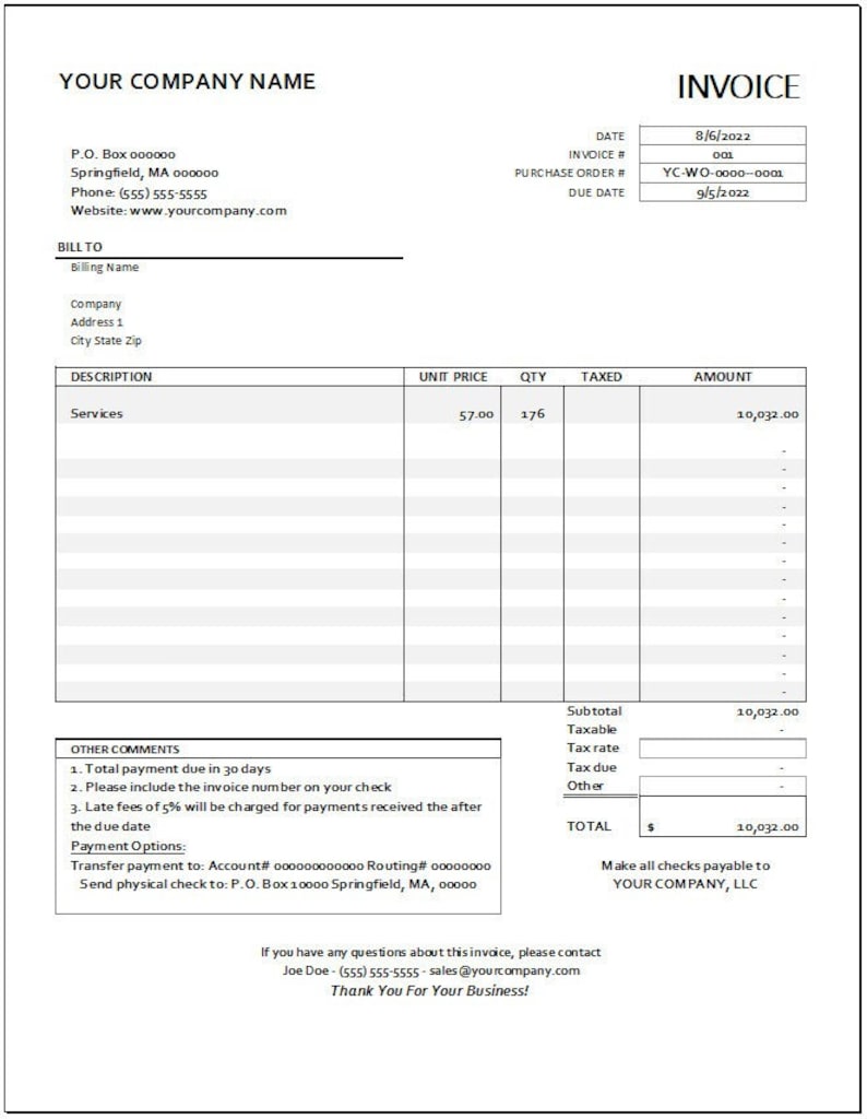 SIMPLE INVOICE TEMPLATE Editable Billing Form Price List Template ...