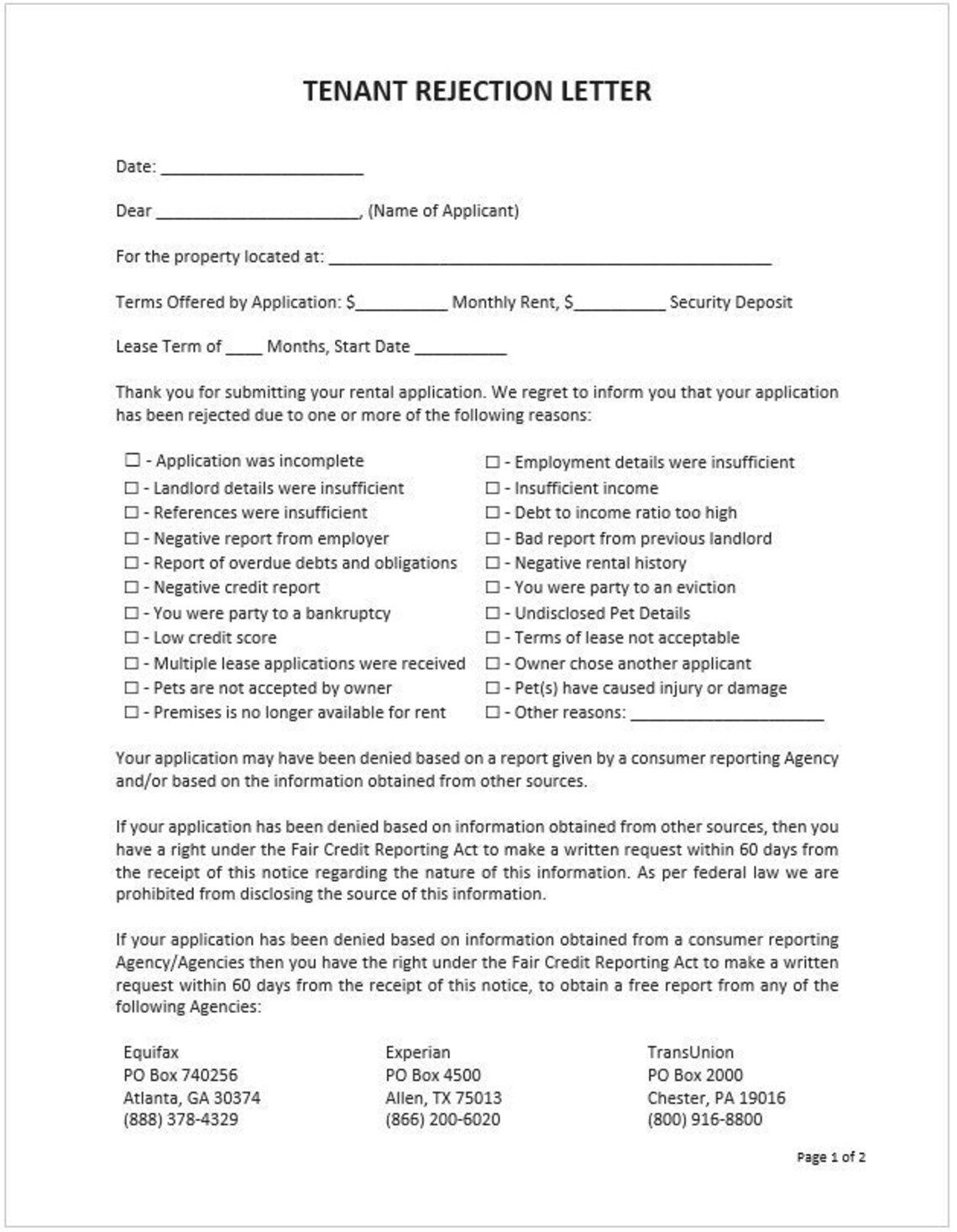 Tenant Denial Notice - Tenant Rejection Form - Editable Word Docx ...