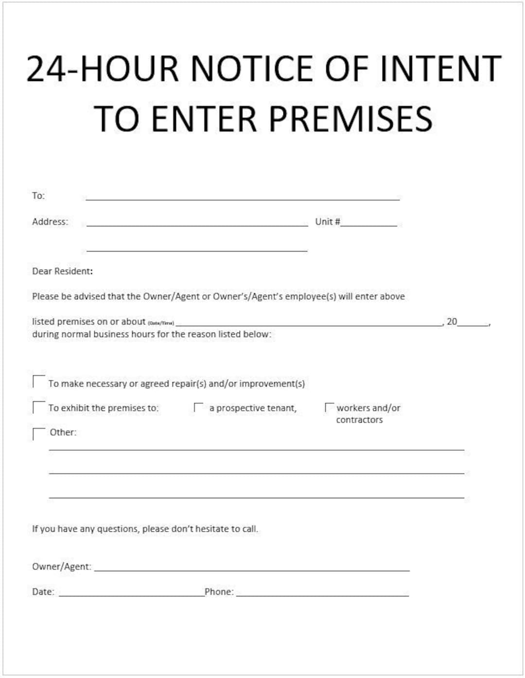 Rental 24-hour Notice of Intent to Enter Premises Tenant 24-hour Entry ...