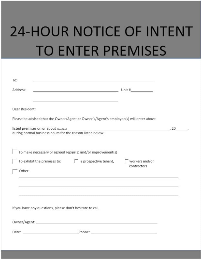 Rental 24-hour Notice of Intent to Enter Premises Tenant 24-hour Entry ...