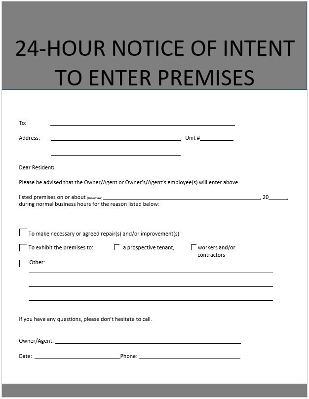 Rental 24-hour Notice of Intent to Enter Premises - Tenant 24-hour ...