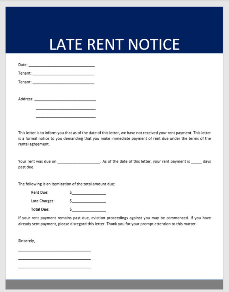 Late Rent Notice - Overdue Rent Form - Editable Word Docx - Instant ...