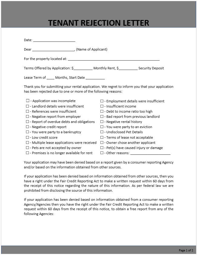 Tenant Denial Notice - Tenant Rejection Form - Editable Word Docx ...