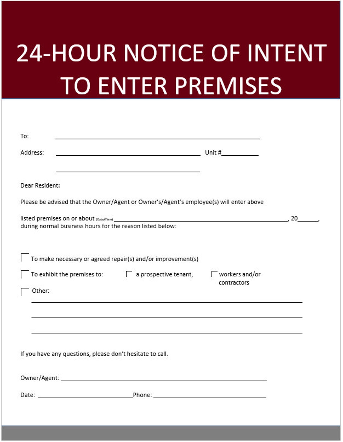 Rental 24-hour Notice of Intent to Enter Premises - Tenant 24-hour Entry Letter - Editable Word ...