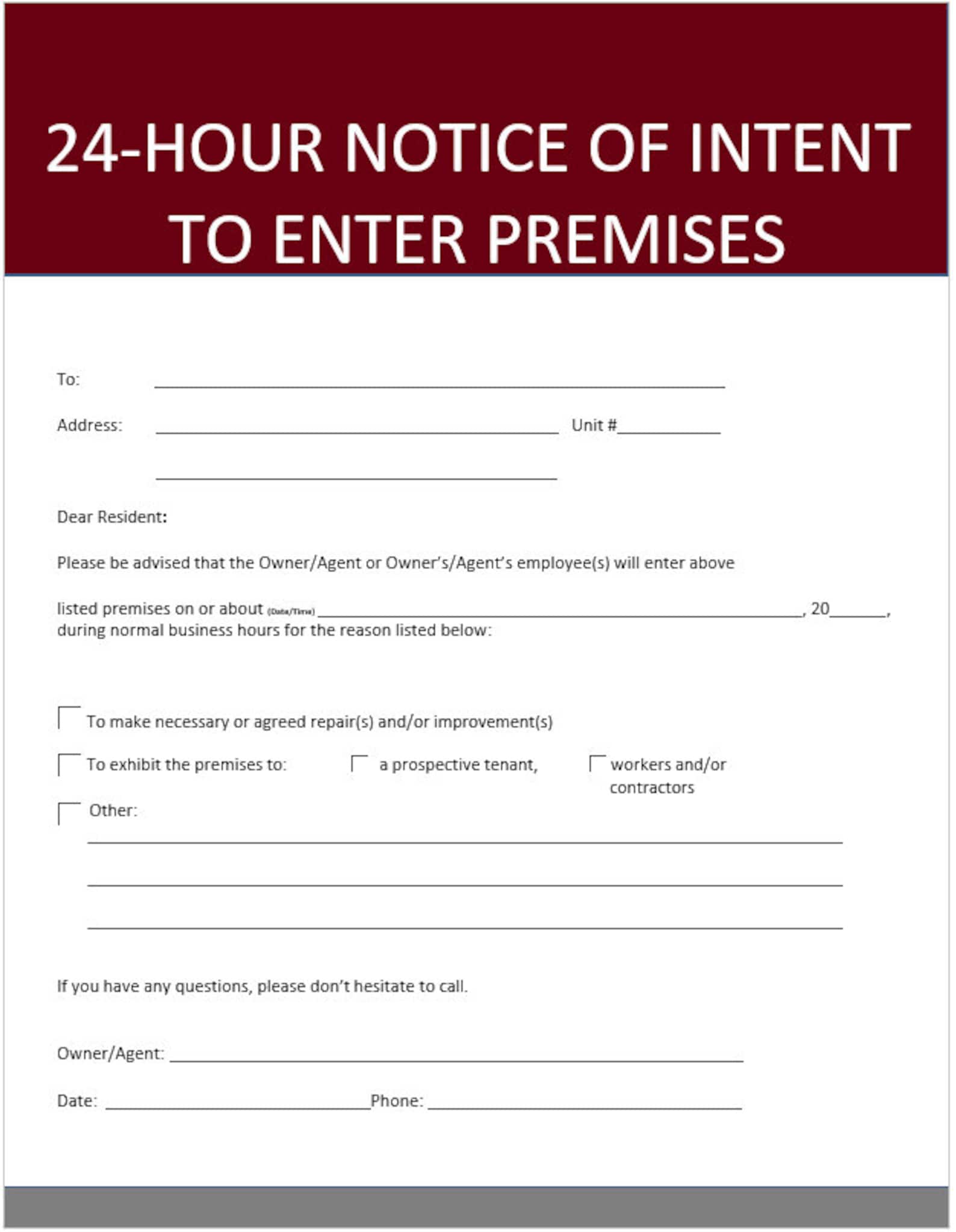 Rental 24-hour Notice of Intent to Enter Premises - Tenant 24-hour ...