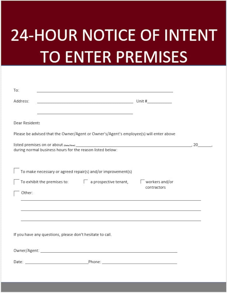 Rental 24-hour Notice of Intent to Enter Premises Tenant 24-hour Entry ...