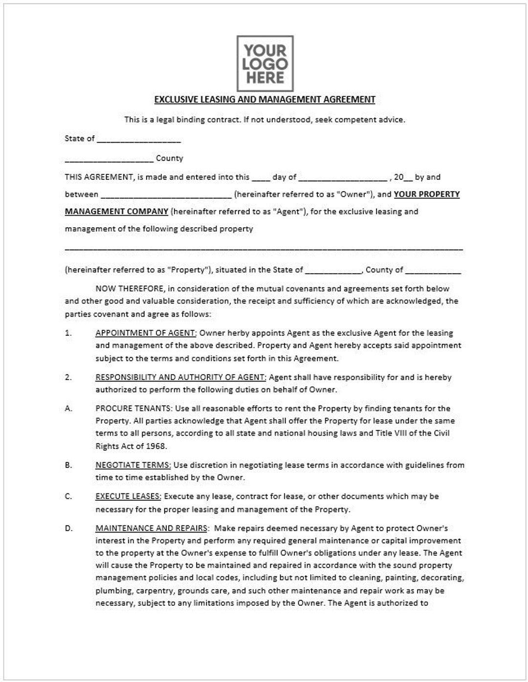 Exclusive Leasing and Property Management Agreement Package for New ...