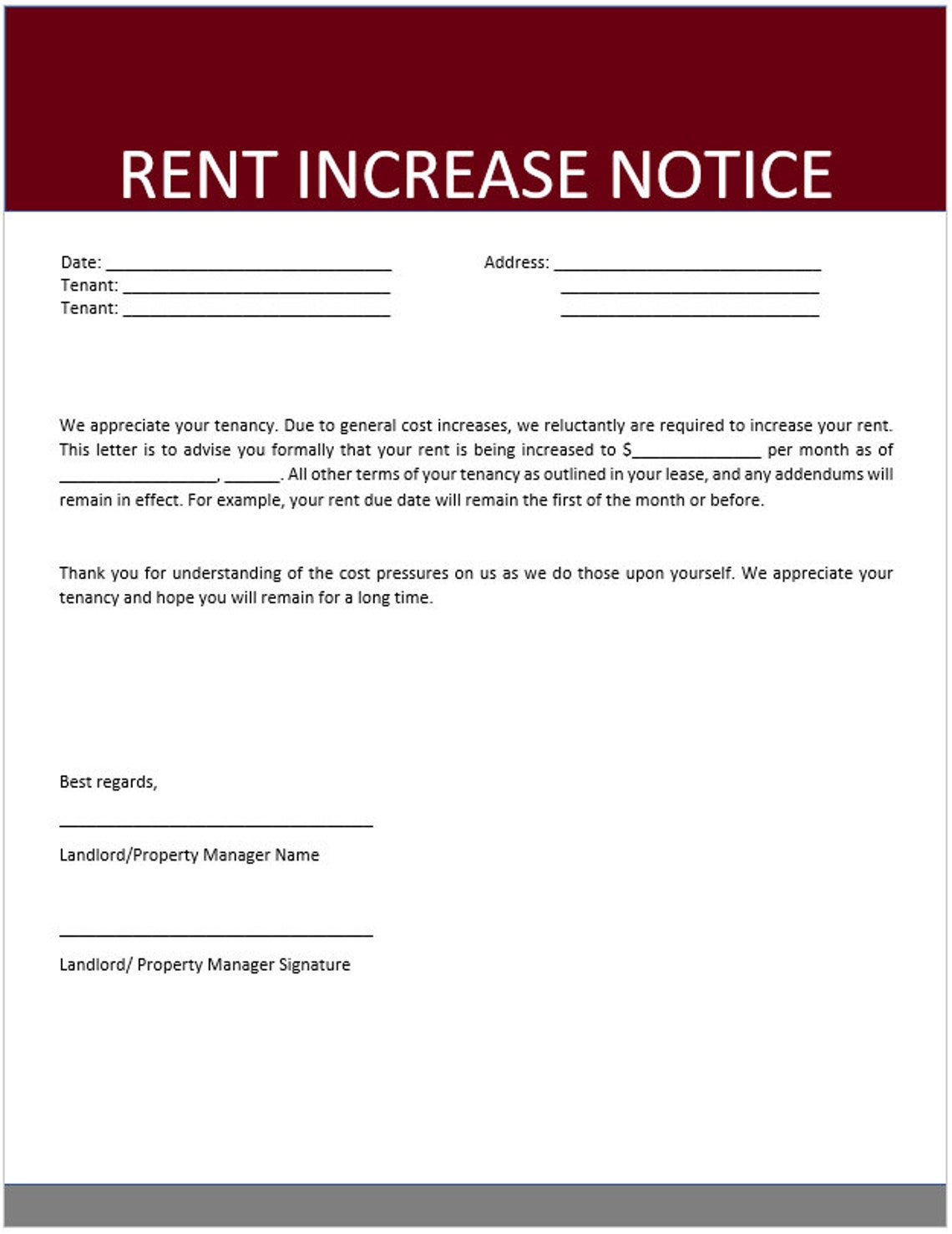Rental Increase Notice - Rent Increase Form - Editable Word Docx ...