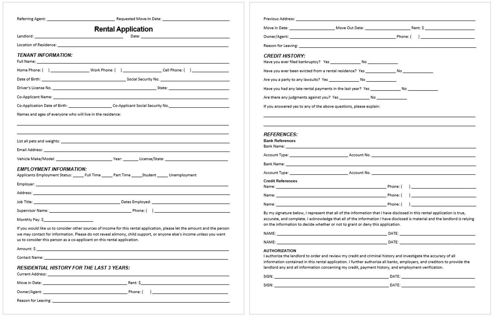 Rental Application Form - Tenant Profile Form - Editable Word Docx ...