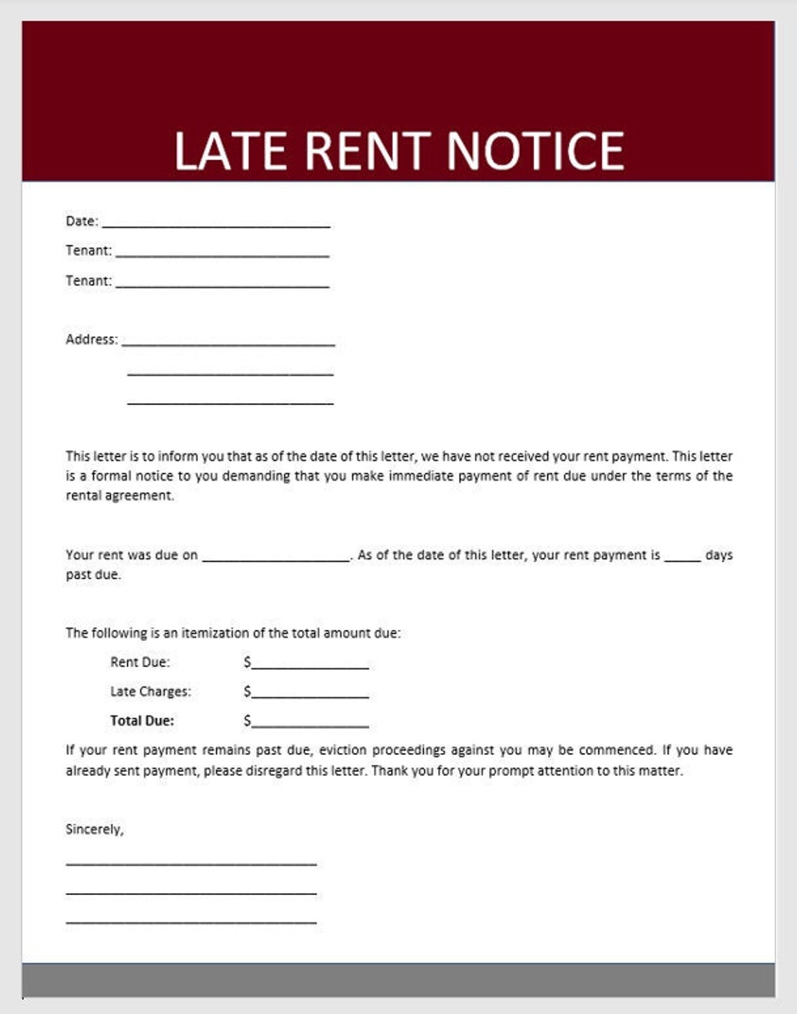 Late Rent Notice - Overdue Rent Form - Editable Word Docx - Instant ...