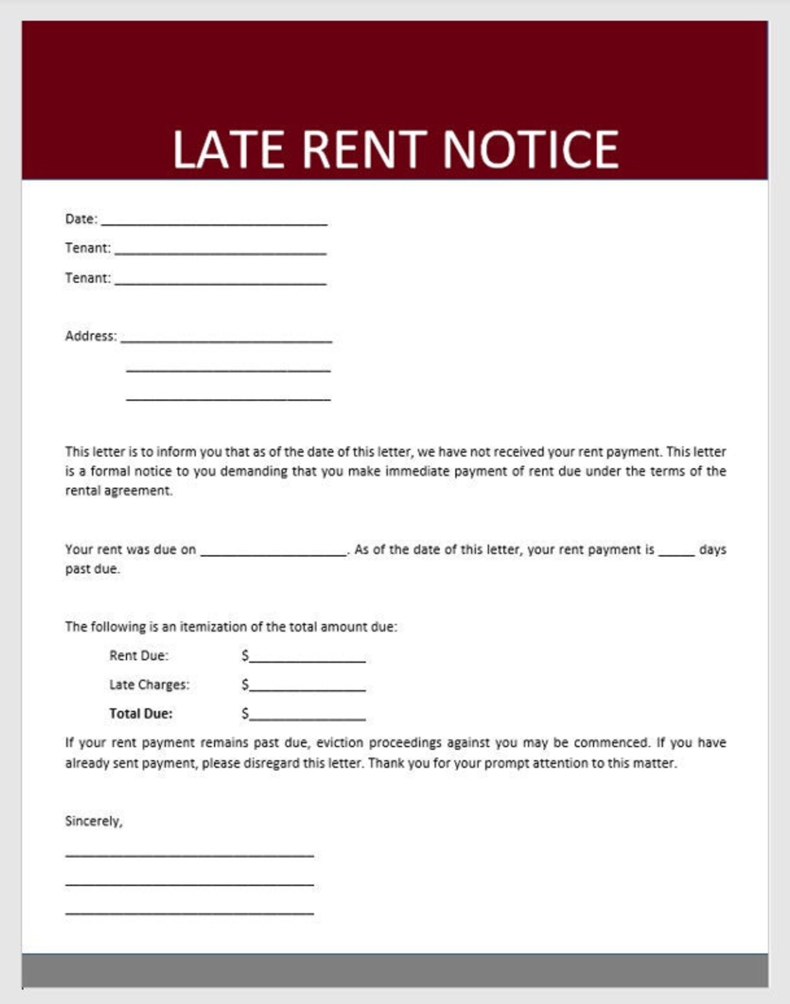 Late Rent Notice - Overdue Rent Form - Editable Word Docx - Instant ...