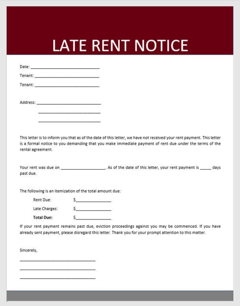 Late Rent Notice - Overdue Rent Form - Editable Word Docx - Instant ...