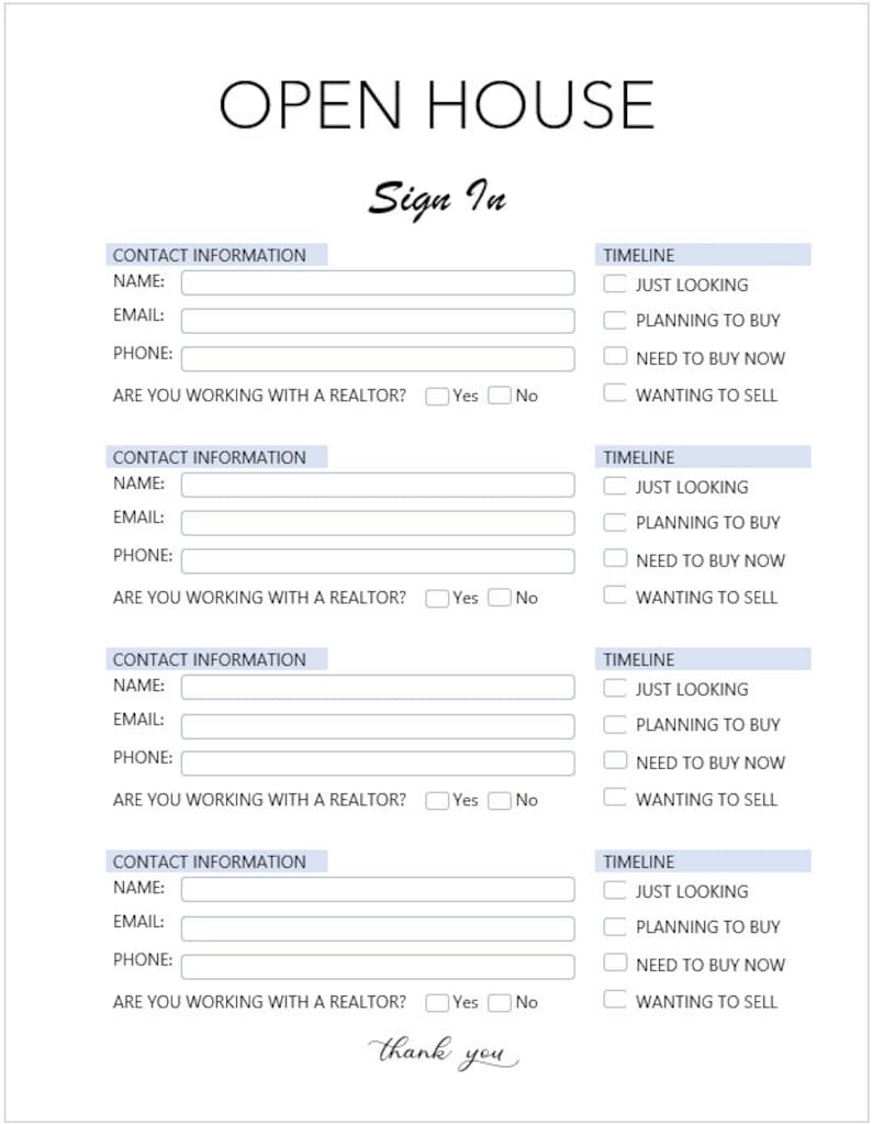 Open House - Sign in Form - Editable Word Docx - Instant Download - Etsy