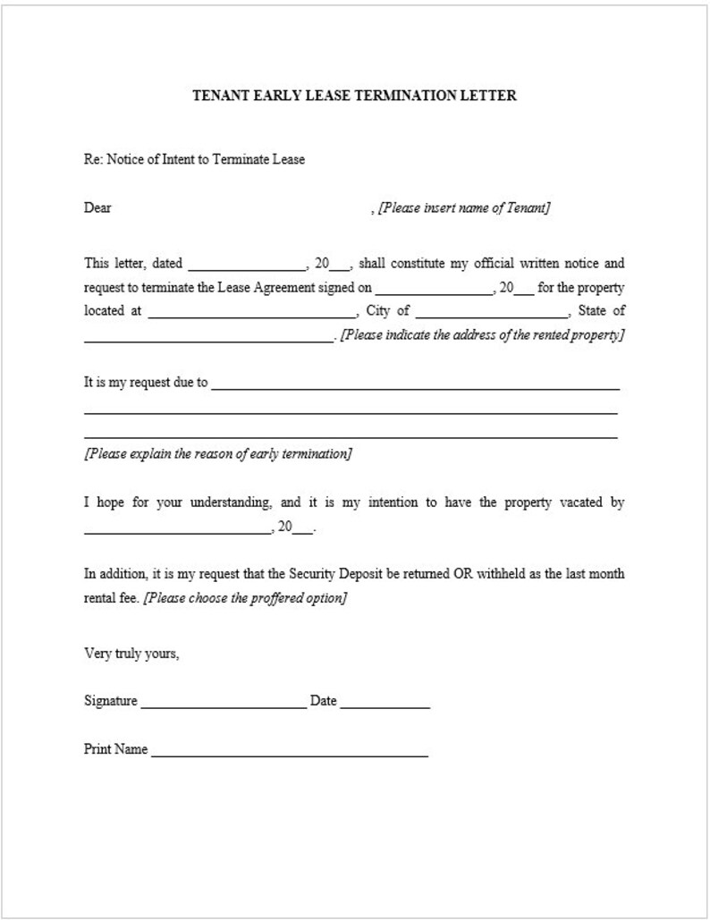 Tenant Early Lease Termination Letter - Editable Word Docx - Instant ...