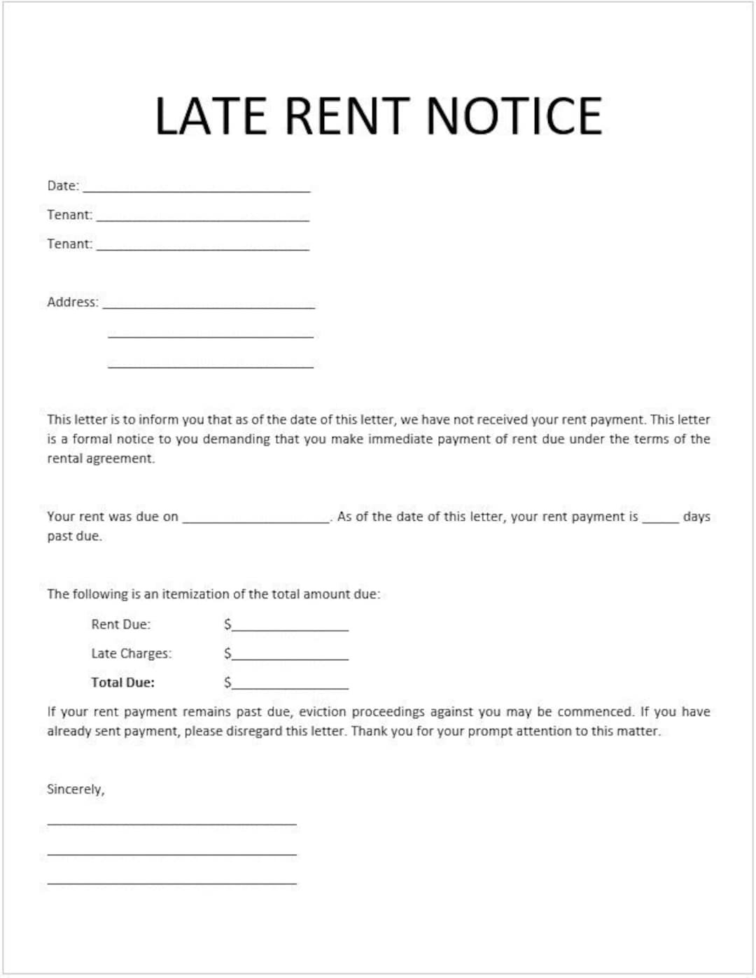 Late Rent Notice Overdue Rent Form Editable Word Docx - Etsy
