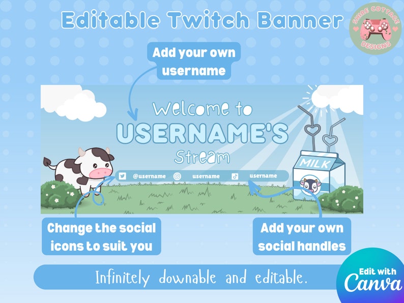Kawaii Cow Milk Editable Twitch Banner - Cow Stream Pack, Cow Emotes ...