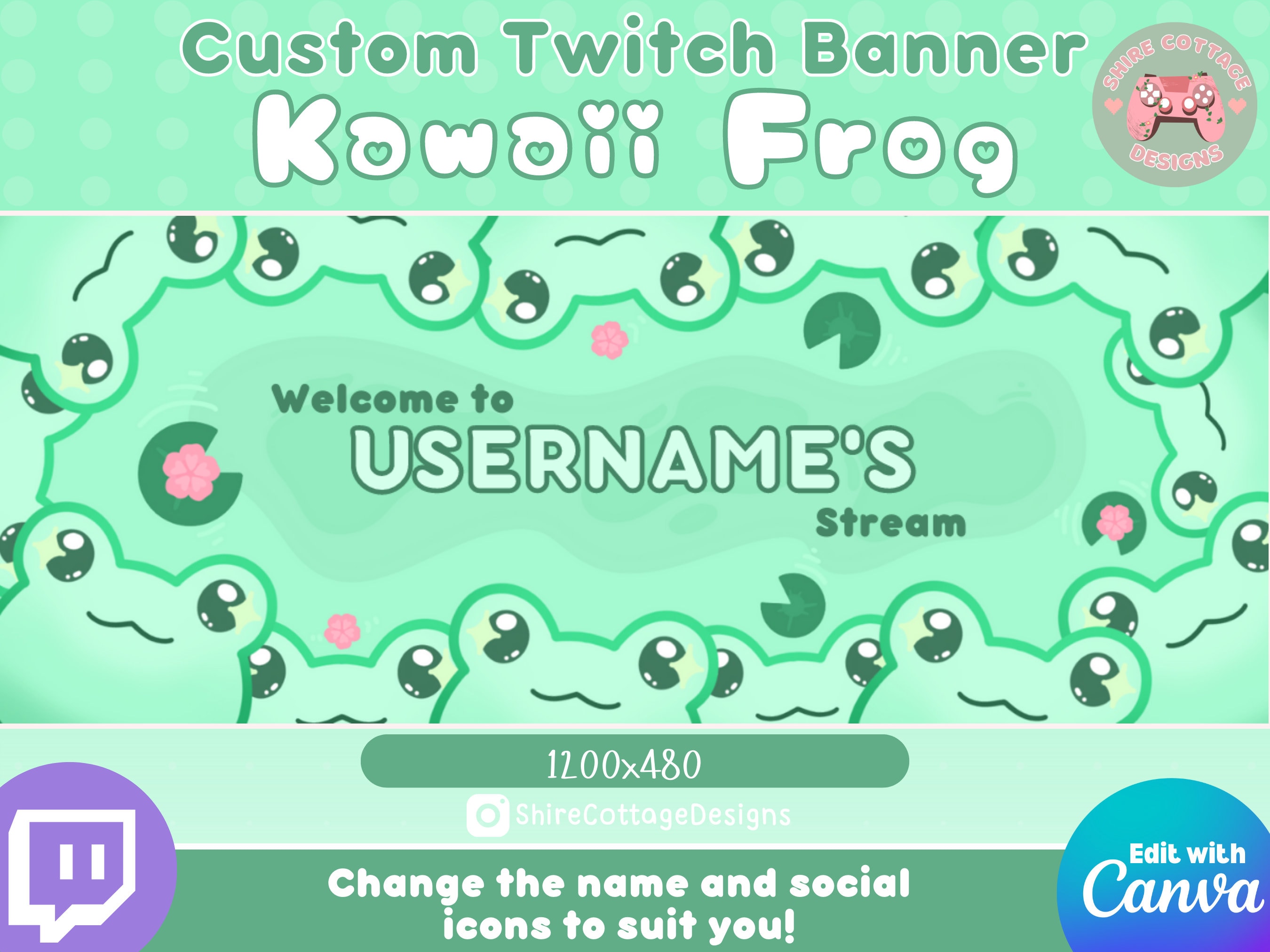 Kawaii Frog Twitch Banner, Editable Twitch Banner, Frog Stream Pack ...