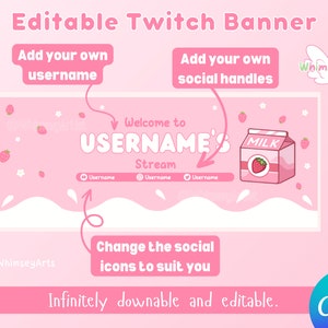 Strawberry Milk Editable Stream Banner, Custom Twitch Banner ...