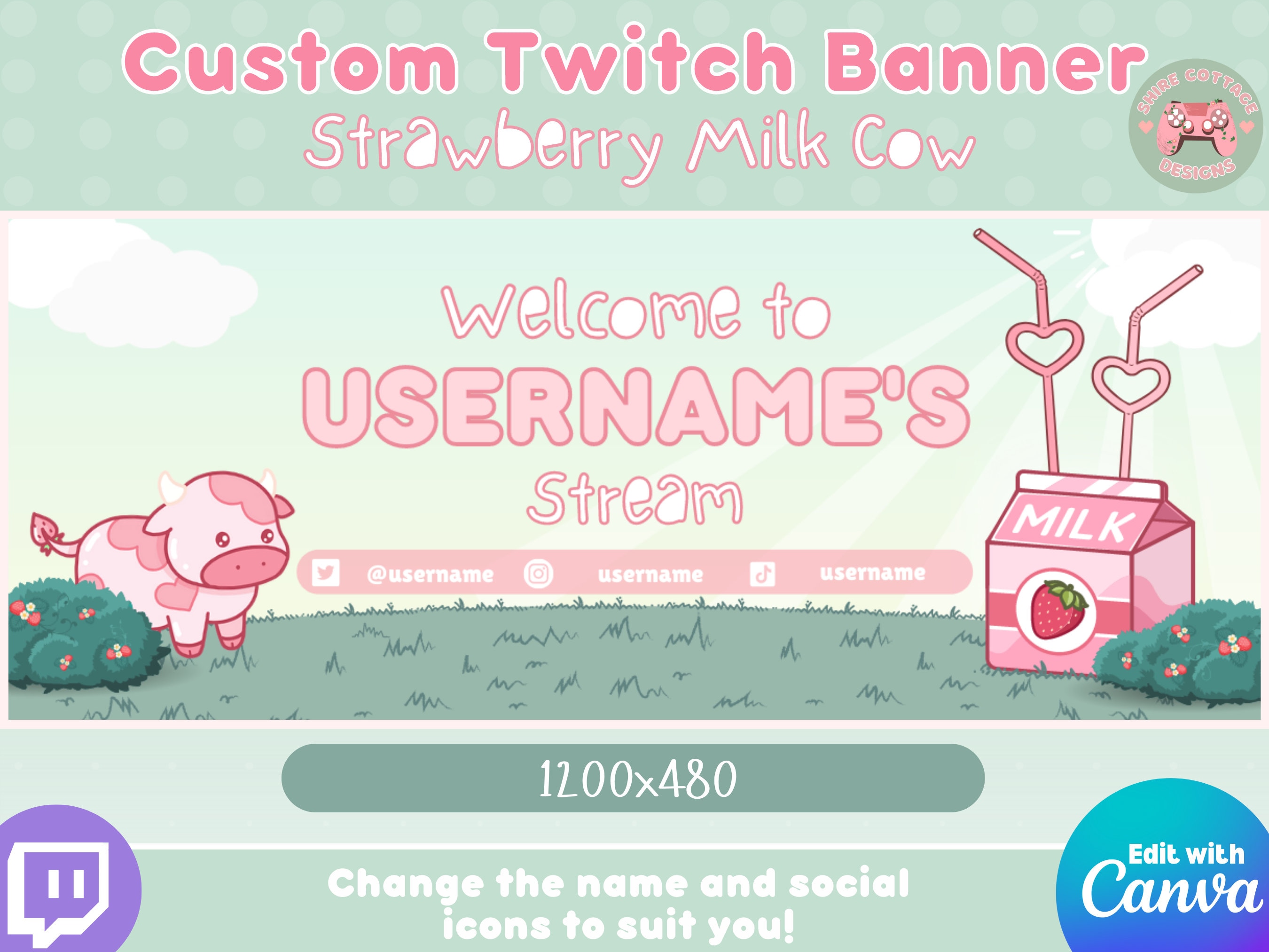 Custom Twitch Banner Strawberry Milk Cow Themed - Cow Stream Pack ...
