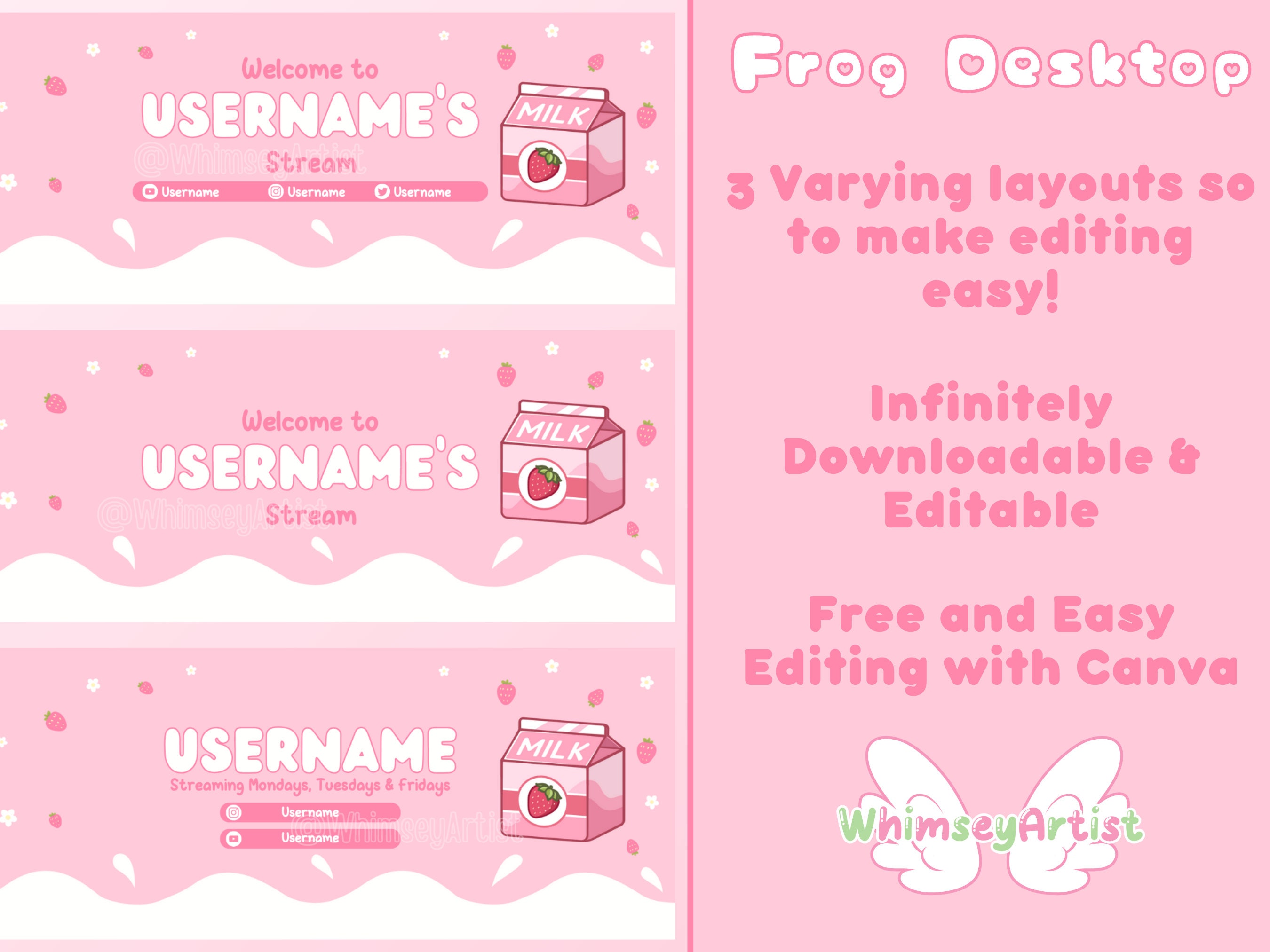 Strawberry Milk Editable Stream Banner, Custom Twitch Banner ...