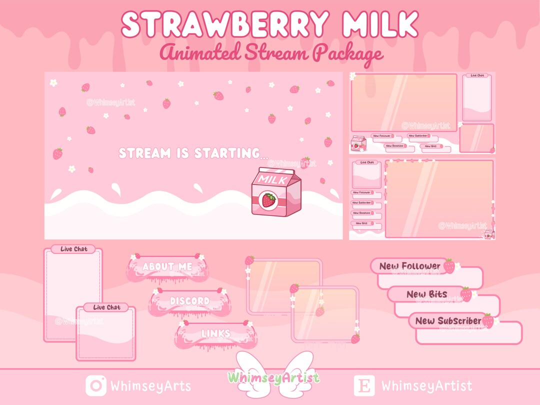 Strawberry Milk Stream Package, Animated Overlays. Cow Emotes, Cow ...