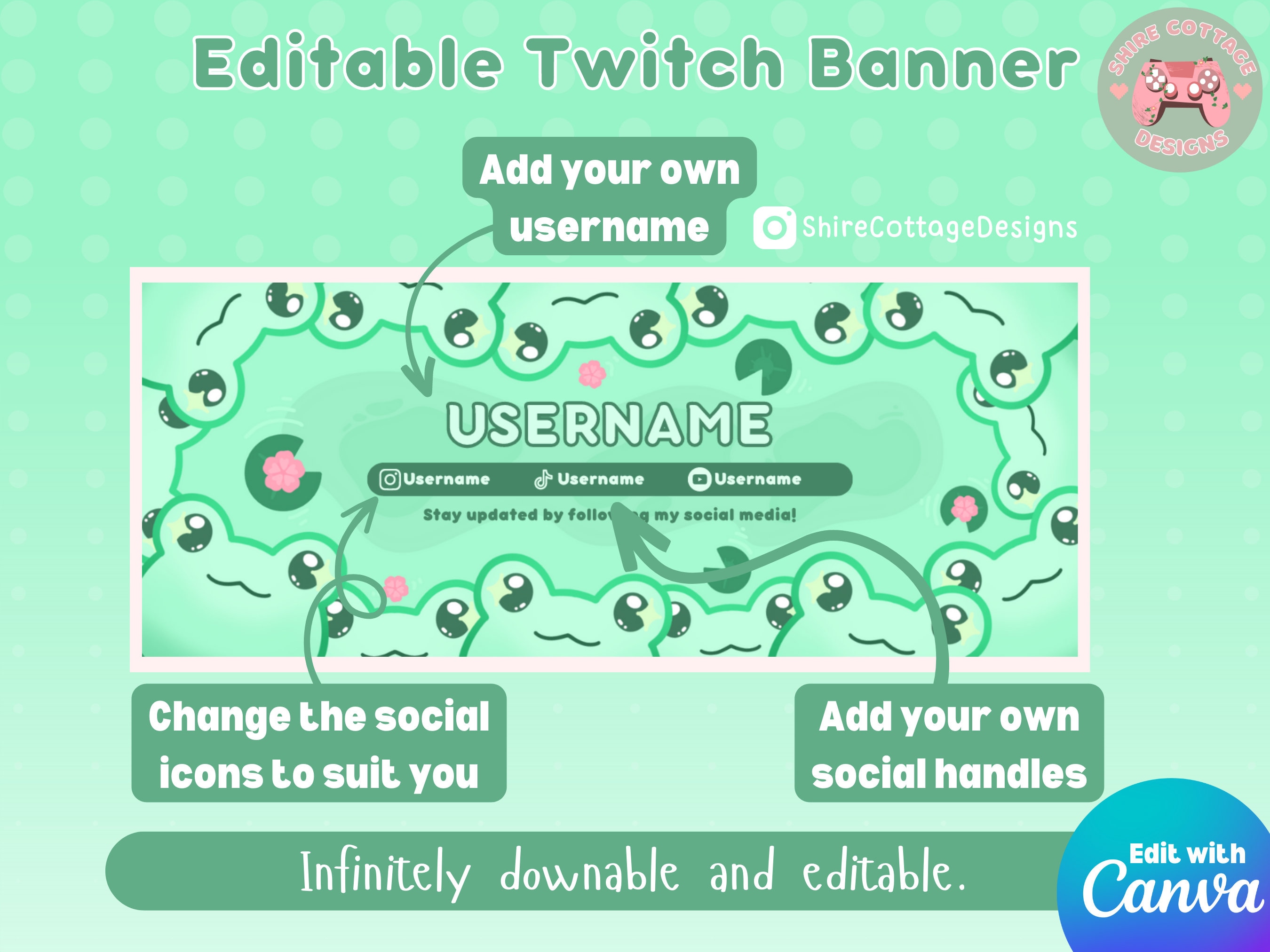 Kawaii Frog Twitch Banner, Editable Twitch Banner, Frog Stream Pack ...