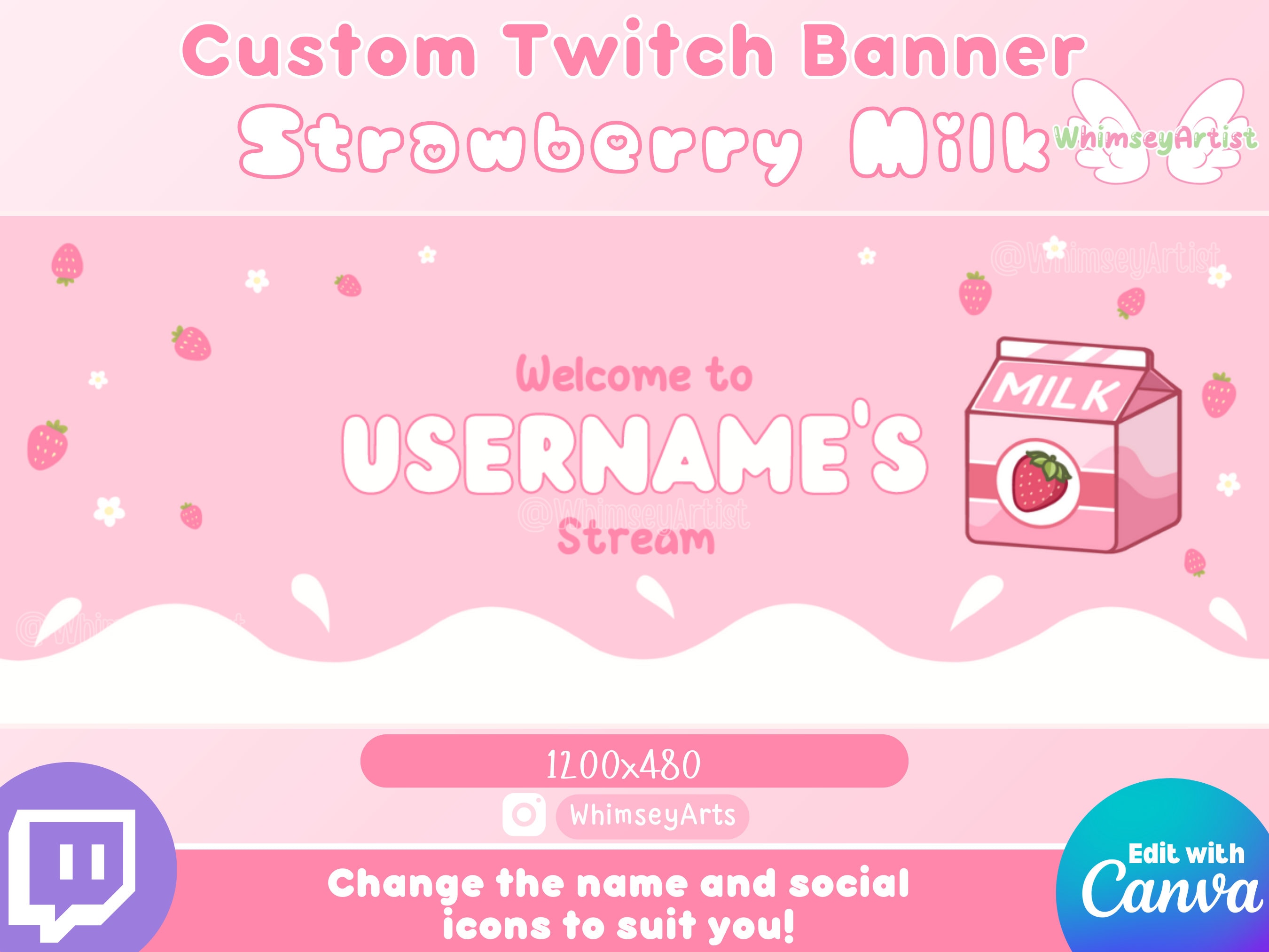 Strawberry Milk Editable Stream Banner, Custom Twitch Banner ...