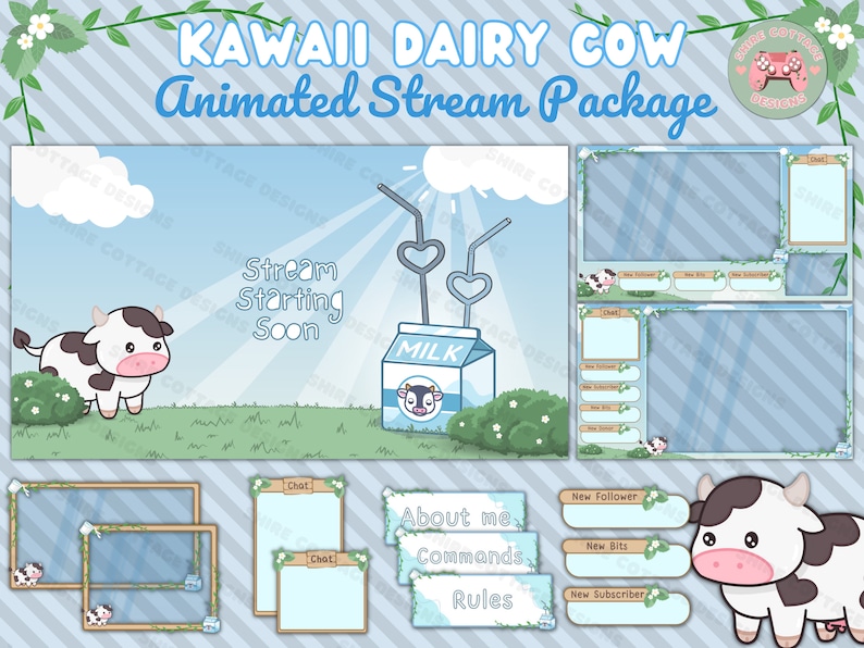 Kawaii Milk Cow Stream Package W/animated Cutscenes, Kawaii Twitch Pack ...