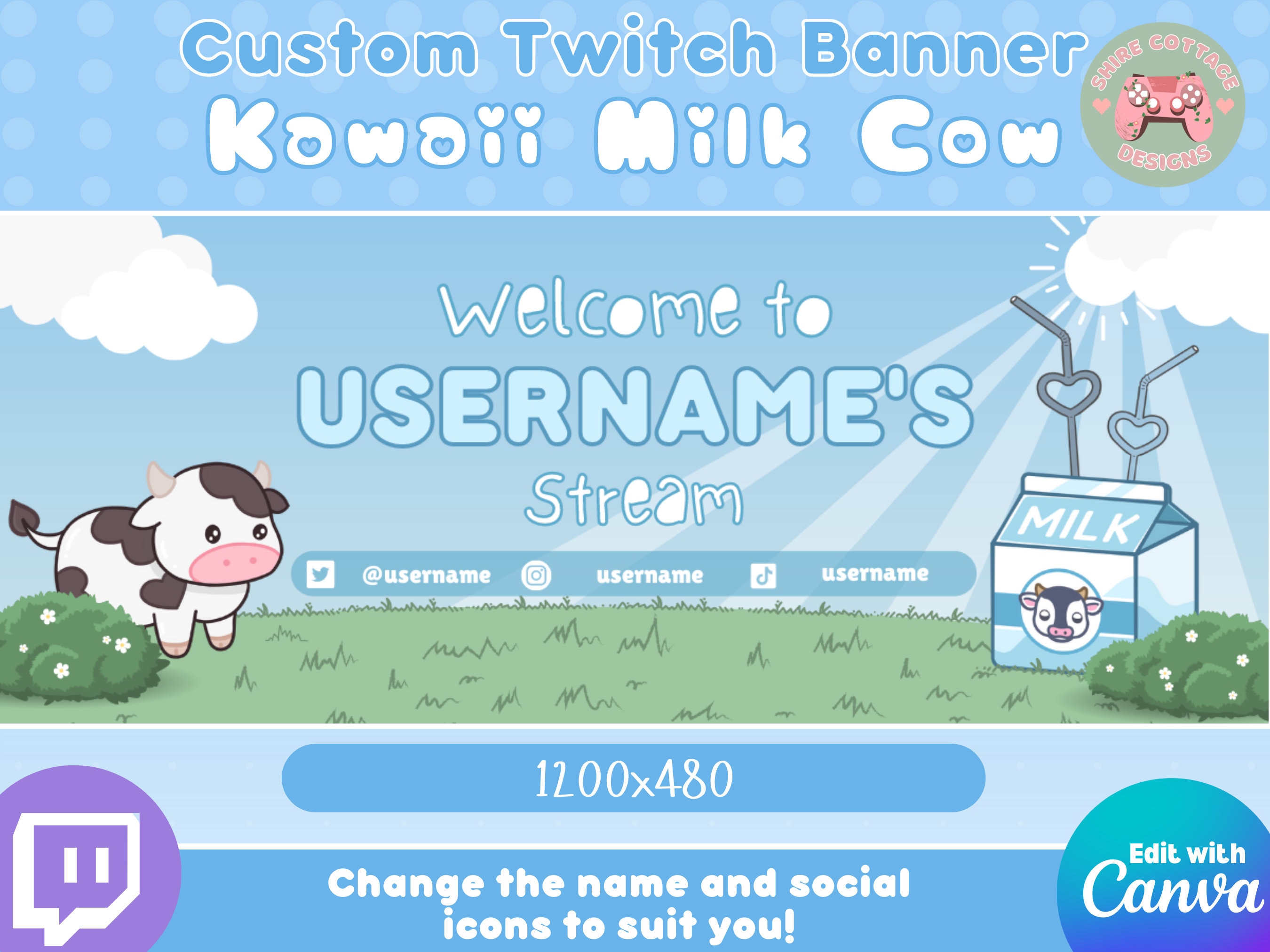 Kawaii Cow Milk Editable Twitch Banner - Cow Stream Pack, Cow Emotes ...