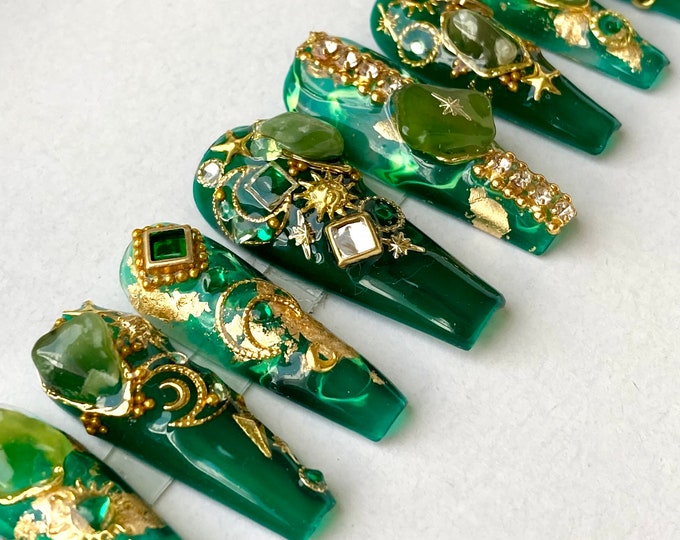 Jade Galaxy Press on Nails | Lucky Jade | Crystal Jelly Green | Gold ...