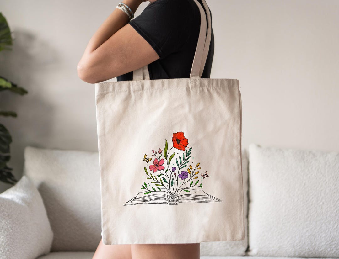 Book Tote Bag, Book Bag, Floral Book Bag, Book Lover Gift, Library Tote ...