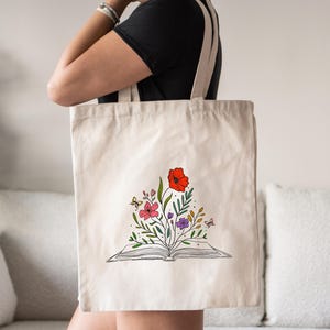 Book Tote Bag, Book Bag, Floral Book Bag, Book Lover Gift, Library Tote ...