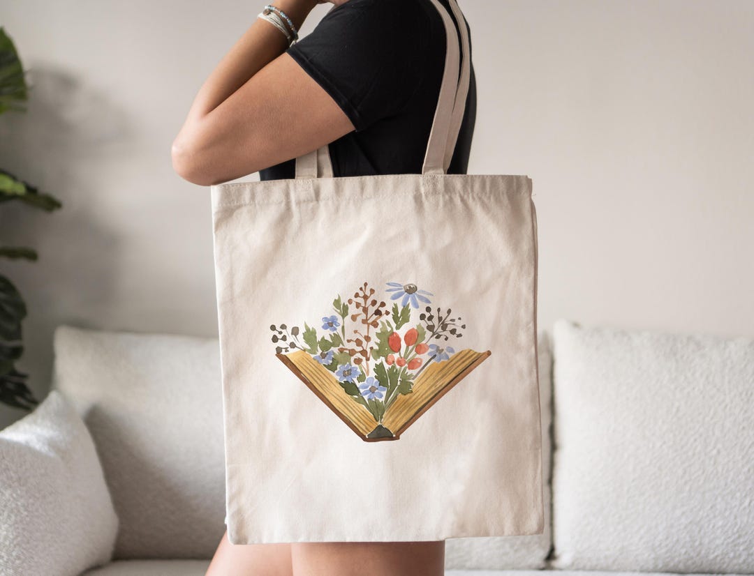 Book Tote Bag, Bookish Tote Bag, Floral Book Tote Bag, Library Tote ...