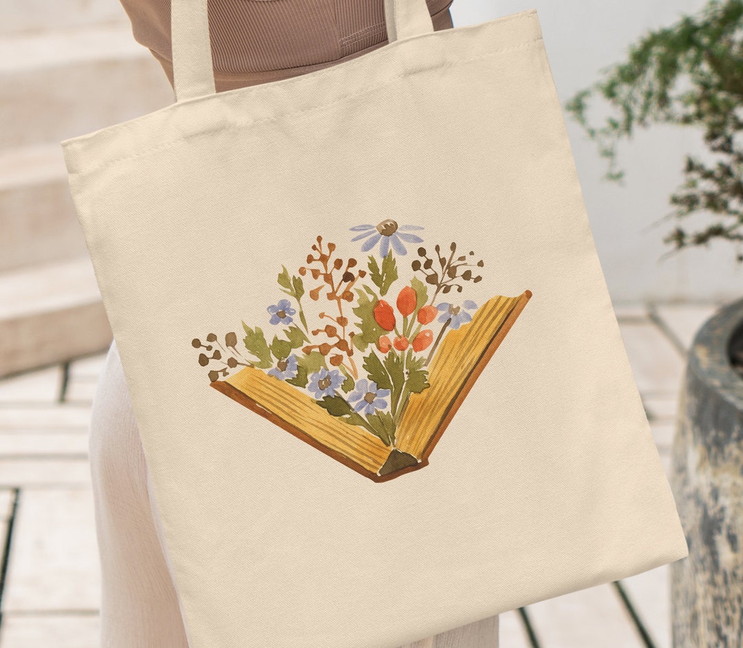 Book Tote Bag, Bookish Tote Bag, Floral Book Tote Bag, Library Tote ...
