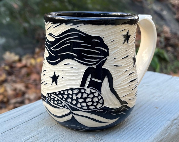 Ceramic Stoneware Sgraffito Mermaid Stars Moon Mug Coffee Latte Tea Mug ...