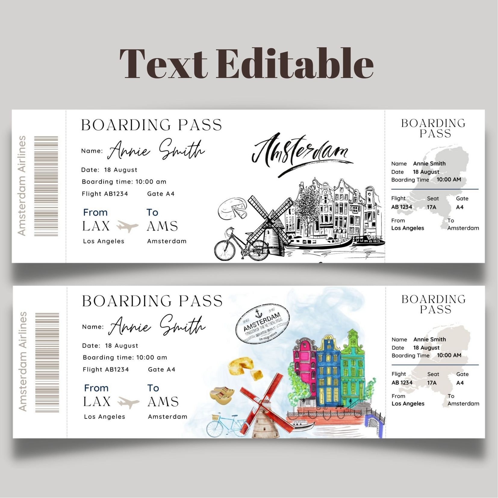 Printable and Editable Amsterdam Surprise Boarding Pass Ticket, Trip ...