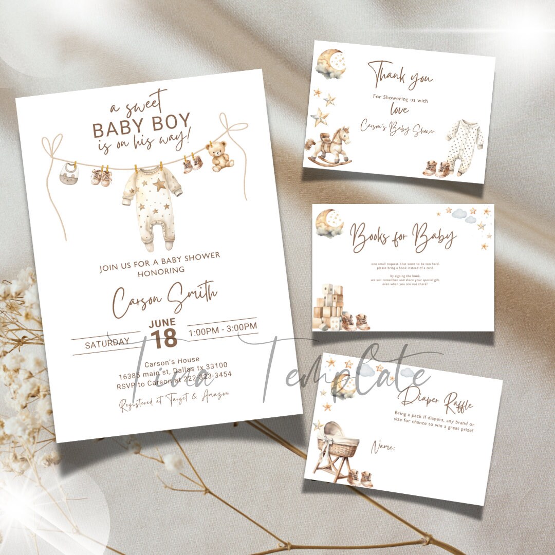 Gender Neutral Baby Shower Bundle Invitation Template, Set Baby Clothes ...
