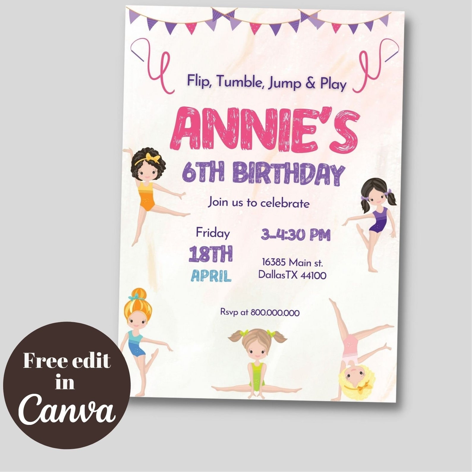 Printable and Editable Gymnastics Theme Kid Birthday Party - Etsy