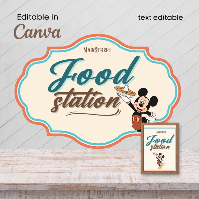 Mickey Food Station Bar Sign Template, Mickey Vintage Party Sign Decor ...