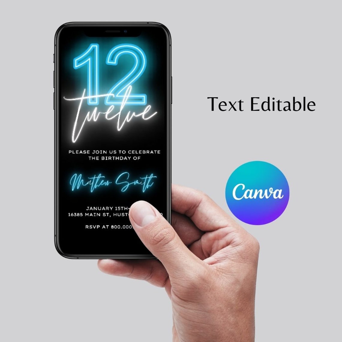 Editable 12th Neon Light Video Birthday Invitation Template, Blue Neon ...