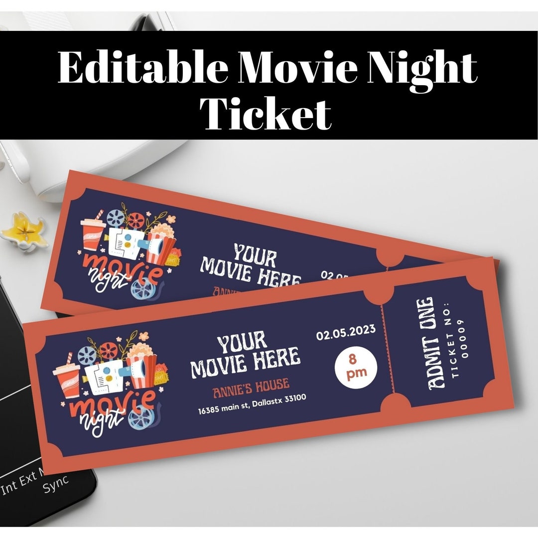 Editable and Printable Movie Night Ticket Template, Movie Invitation ...