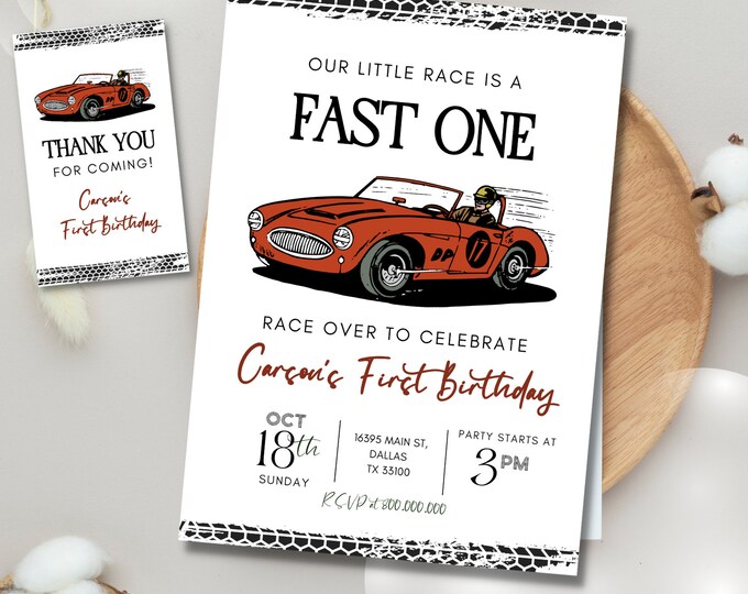 Race Car Fast ONE 1st Birthday Invitation Template | Red Black White ...